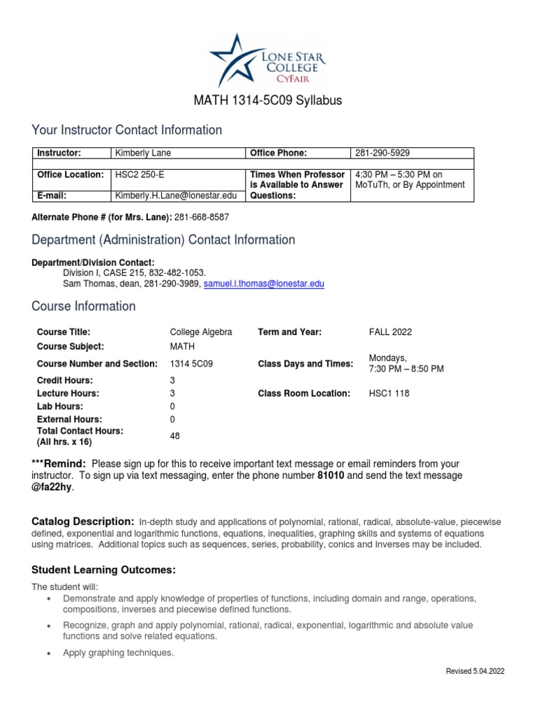Syllabus-Math 1314-5c09 Hybrid - Fall 2022 | PDF | Factorization | Exponential Function