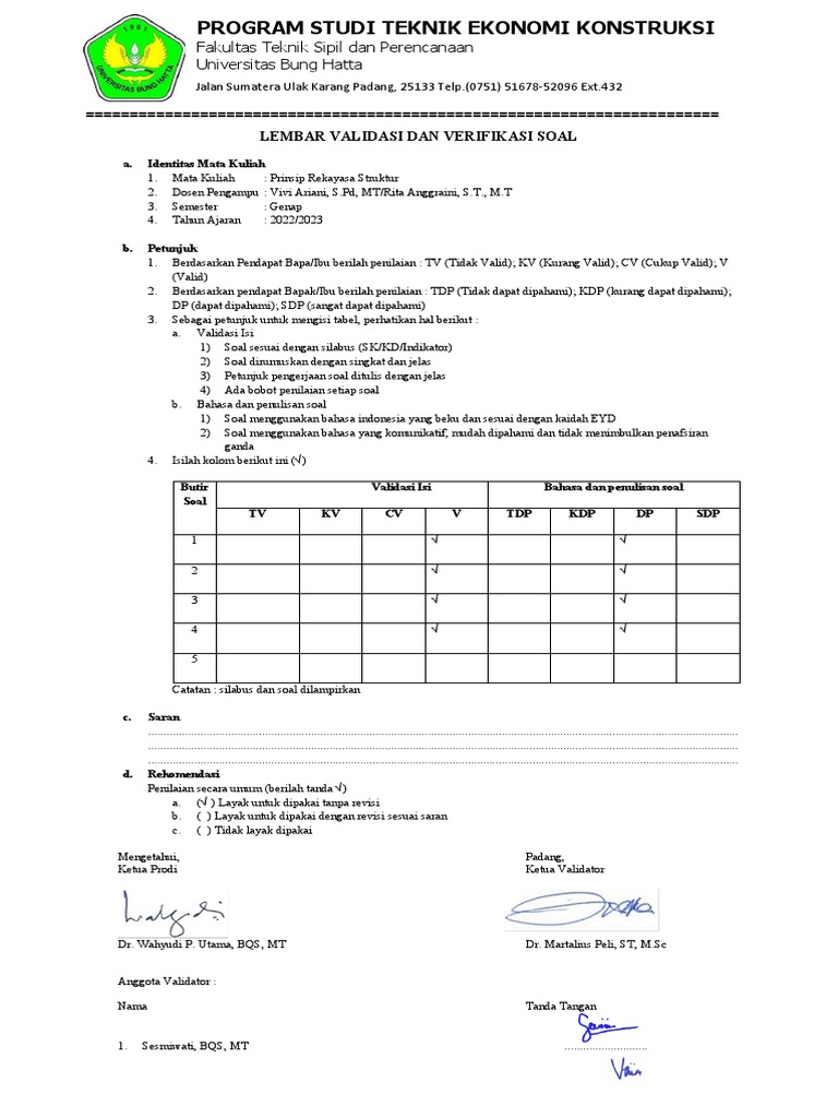 Lembar Validasi Dan Verifikasi Soal Prodi Qs | PDF