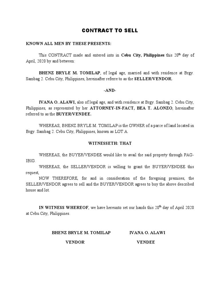 Tomilap, Bhenz Bryle - Contract To Sell Assignment | PDF