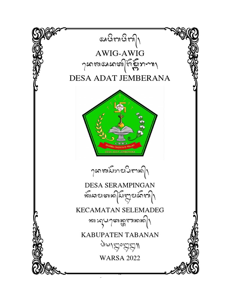 Awig-Awig Desa Adat Jemberana - Wahwuhin | PDF