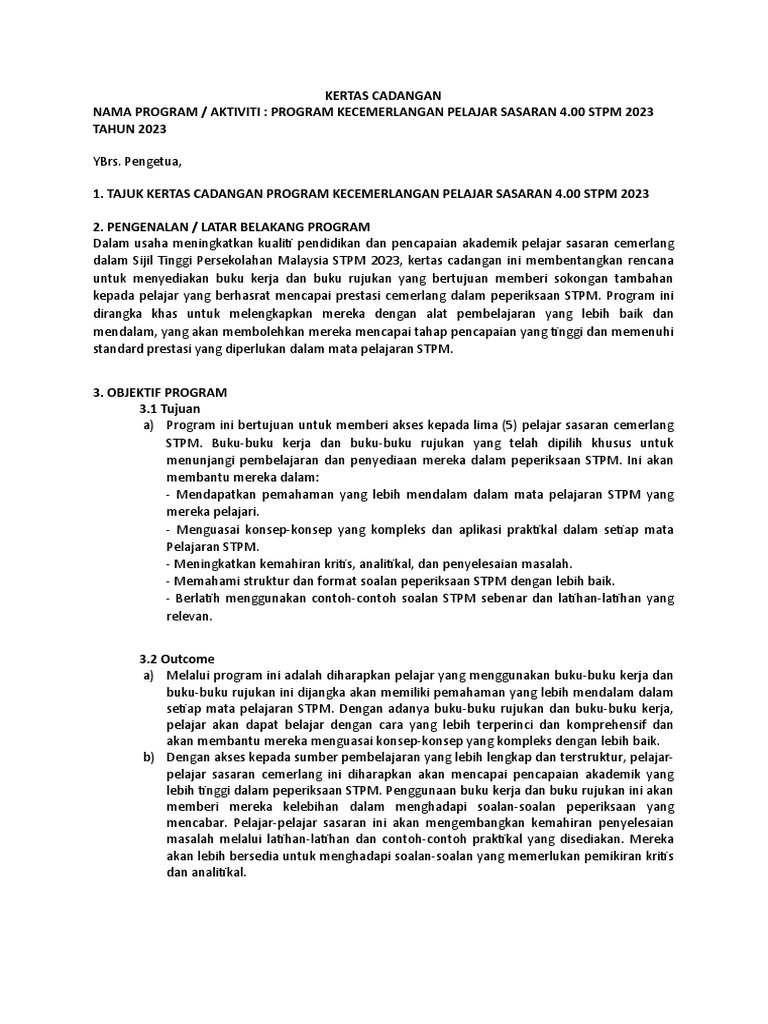 Kertas Cadangan Program Kecemerlangan Untuk Mendapatkan Buku Kerja | PDF