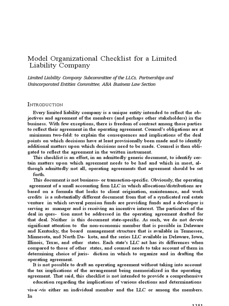 Annotated LLC Operating Agreement Checklist | PDF