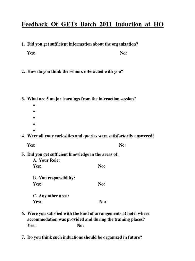 GETs 2011 Induction Feedback Form | PDF | Employee Benefits | Employment