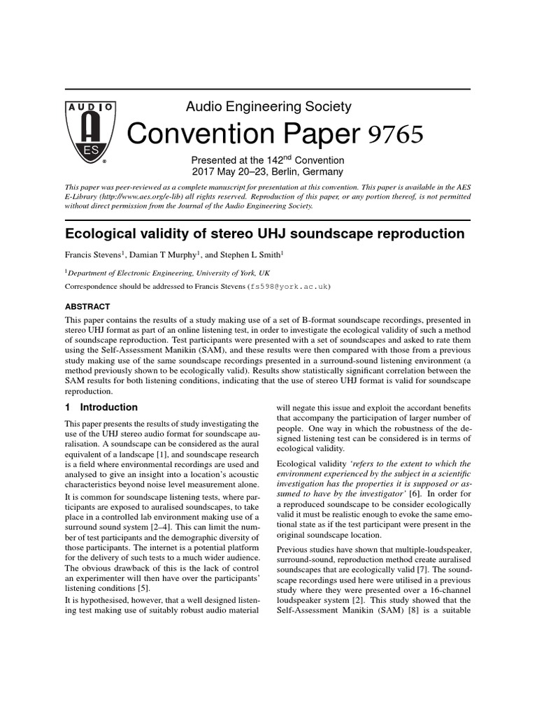 Validez Ecológica de La Reproducción de Paisajes Sonoros UHJ Estéreo | PDF | Affect (Psychology ...