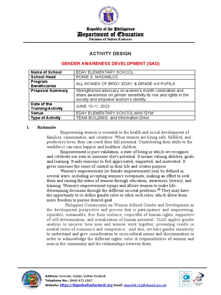 EDAY ES GAD Activity Design March 8 2023 | PDF | Empowerment | Gender