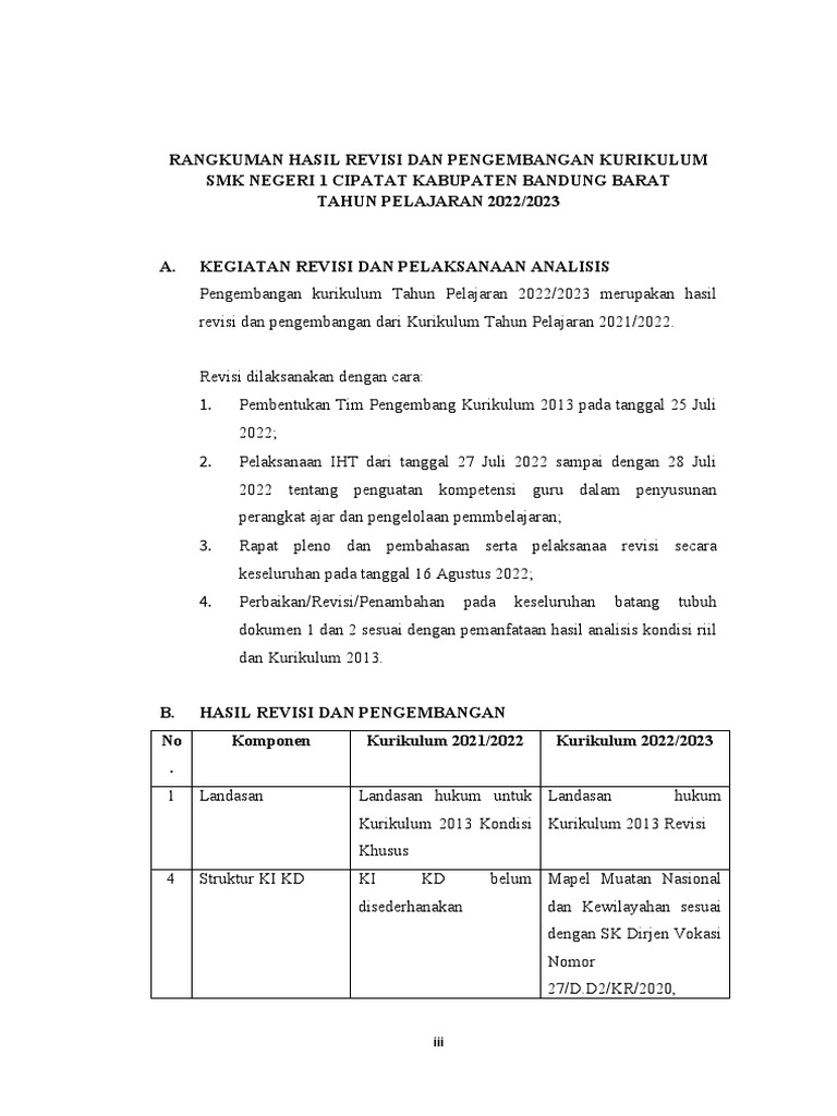 Rangkuman Hasil Revisi Dan Pengembangan Kurikulum | PDF