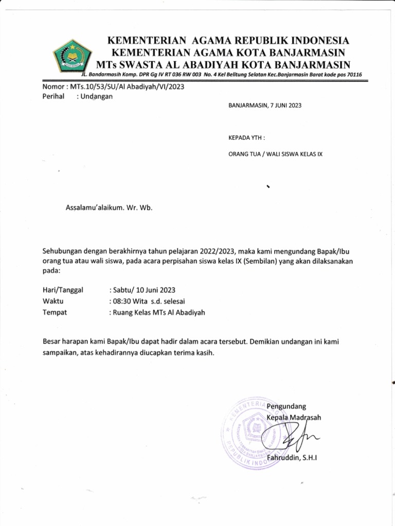 Undangan Orang Tua Siswa Kelas9 | PDF