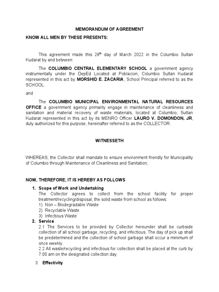 Memorandum of Agreement - Menro | PDF | Recycling | Waste