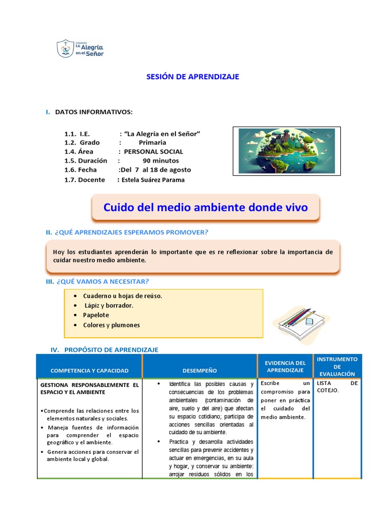 Cuidado Del Medio Ambiente - Sesion | PDF | Evaluación
