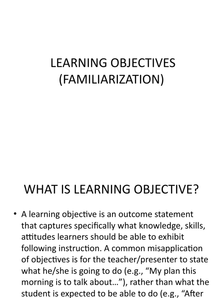 Learning Objectives (Familiarization) | PDF | Learning | Attitude ...