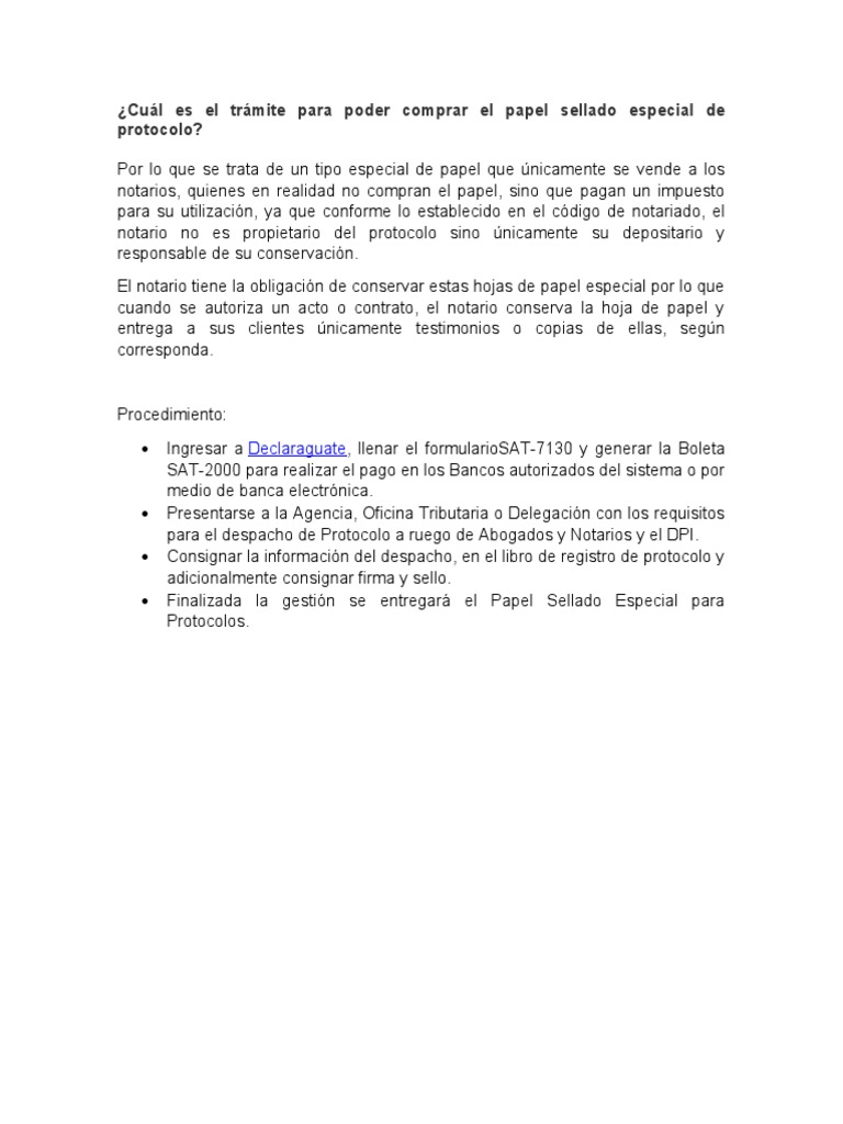 Cuál Es El Trámite para Poder Comprar El Papel Sellado Especial de Protocolo | PDF | Negocios ...