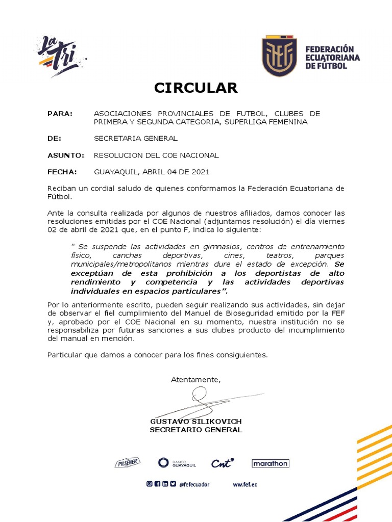 Circular - Resoluciones Del Coe Nacional | PDF | Hogar, jardinería y bricolaje