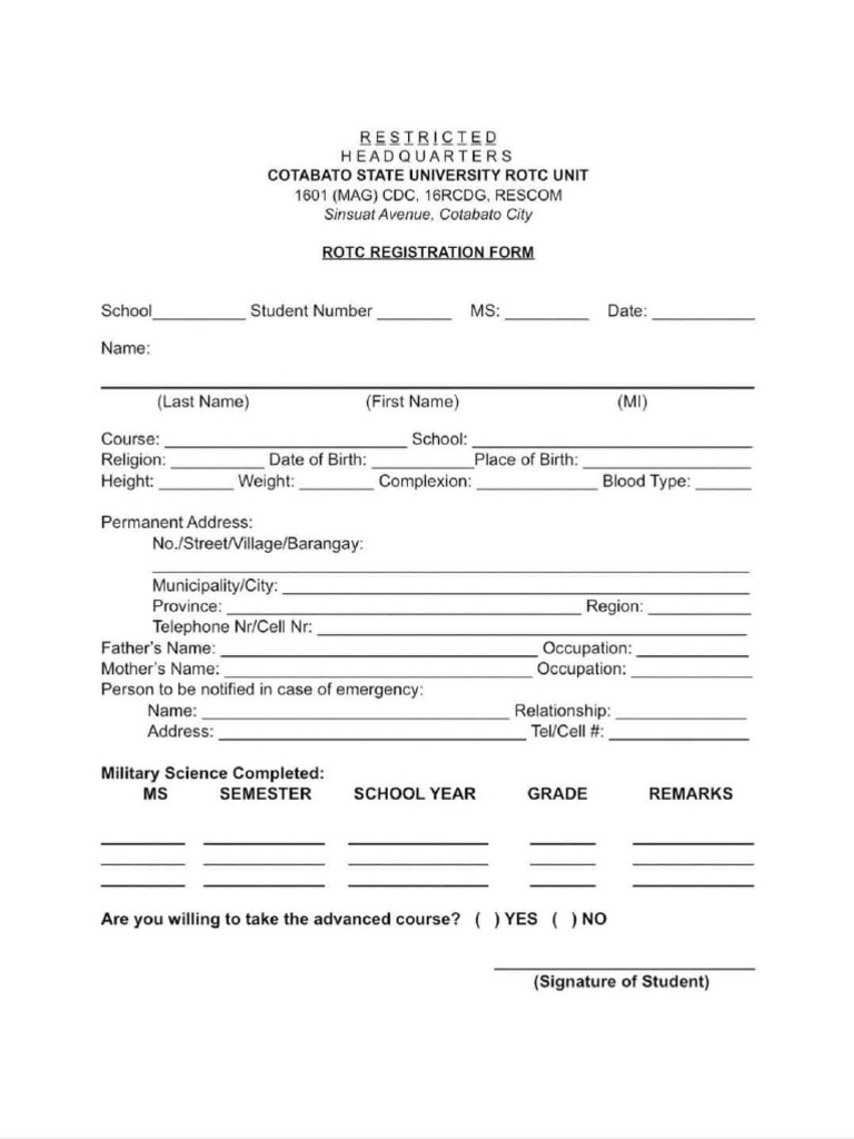 Rotc Form Pdf