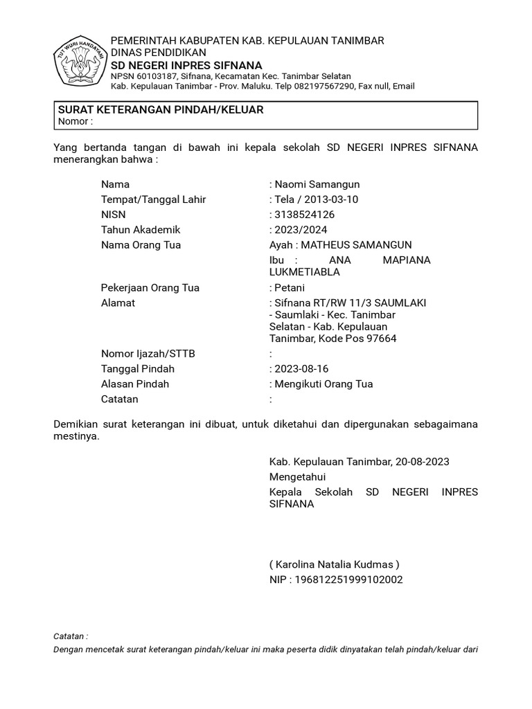 Surat Mutasi Naomi Samangun | PDF