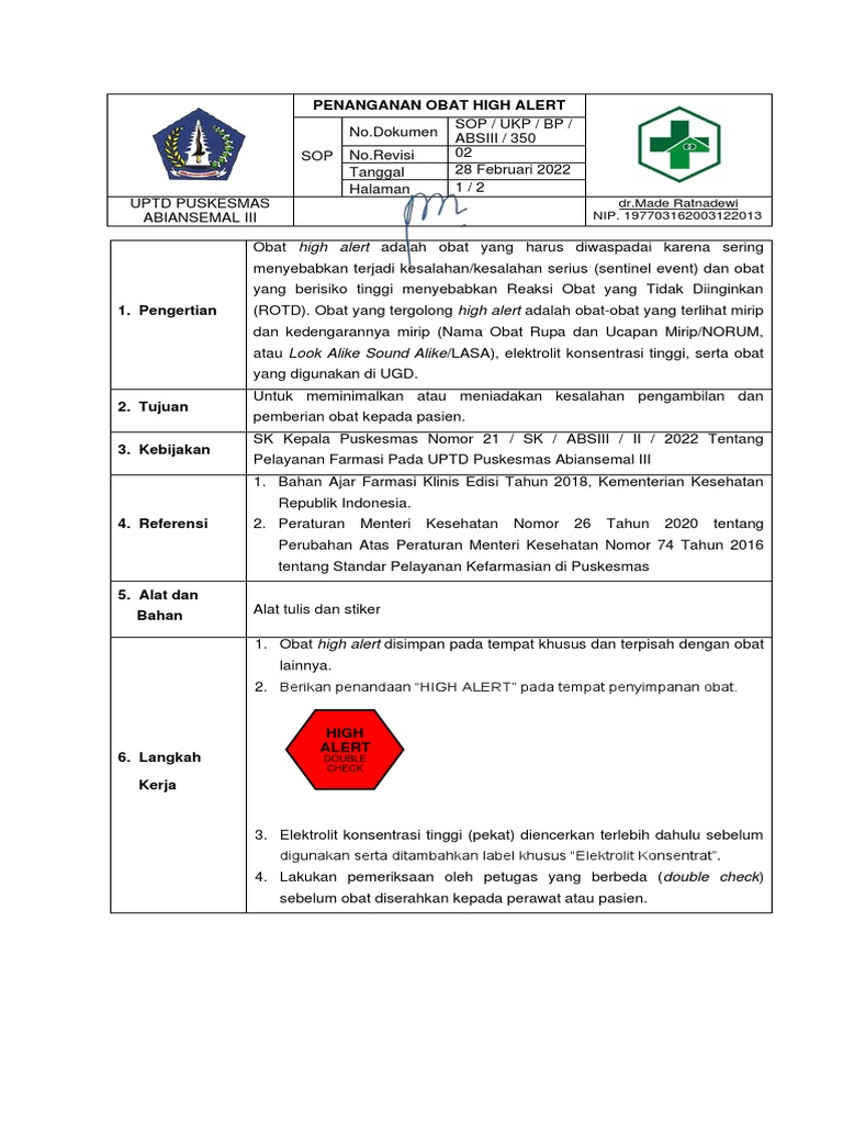Penanganan Atau Penyimpanan Obat High Alert Pdf
