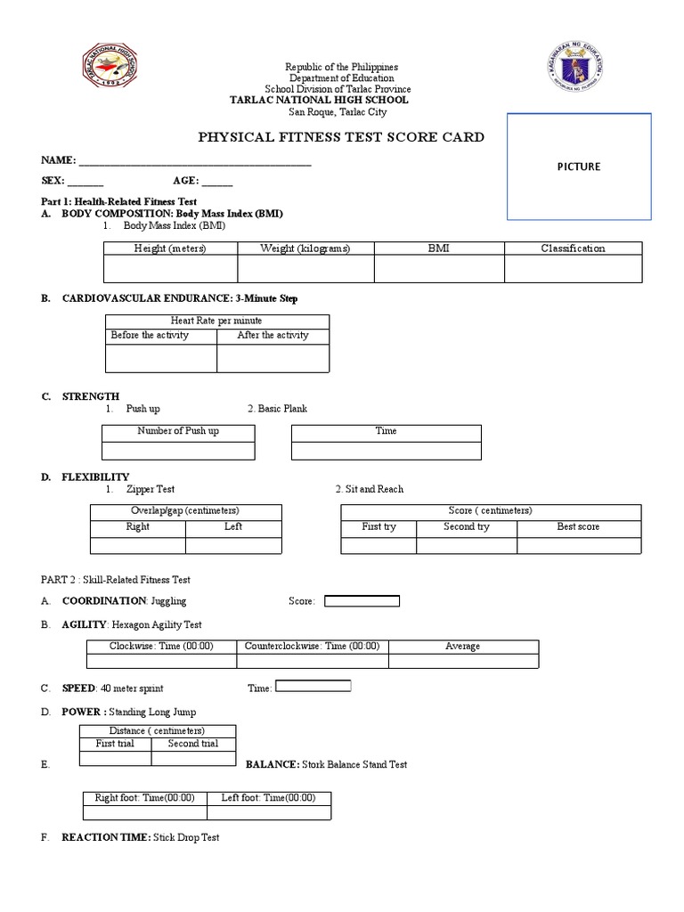 Tarlac High School Fitness Test Scorecard | PDF