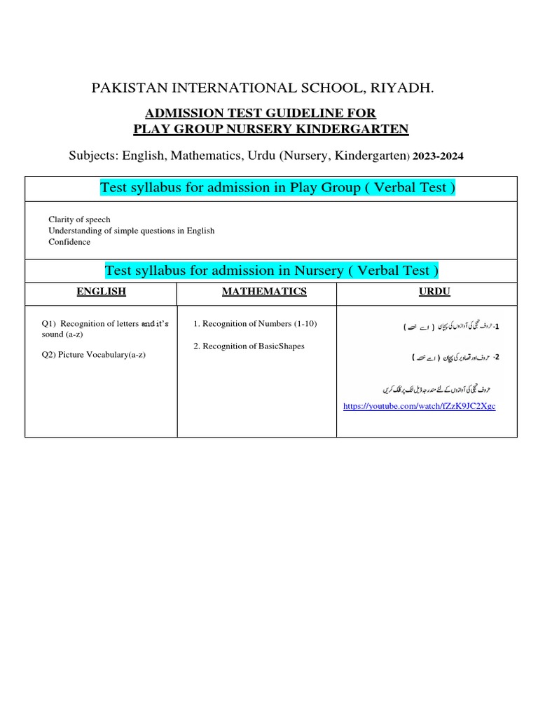 Pakistan International School, Riyadh.: Admission Test Guideline For ...