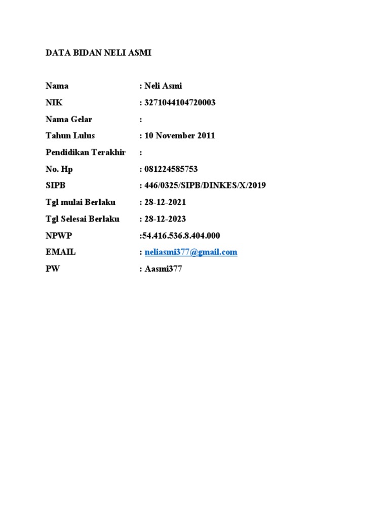 Data Bidan Neli Asmi | PDF
