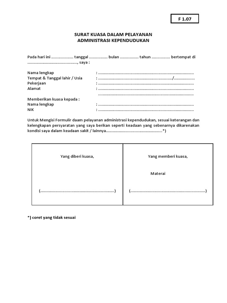 Formulir F1.07 Surat Kuasa Dalam Pelayanan | PDF