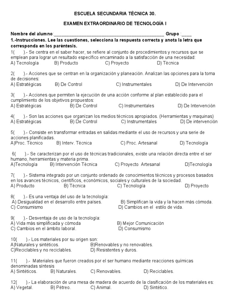 Examen Extraordinario 1ro - TECNOLOGIA | PDF