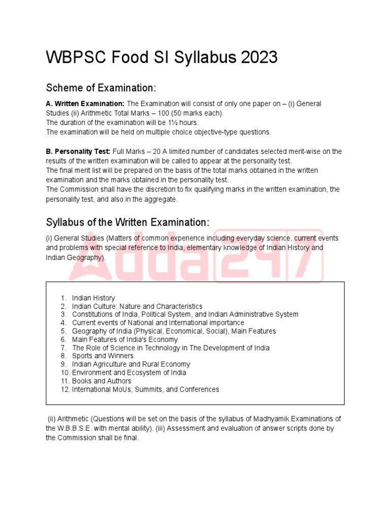 WBPSC Food SI Syllabus 2023 Overview | PDF