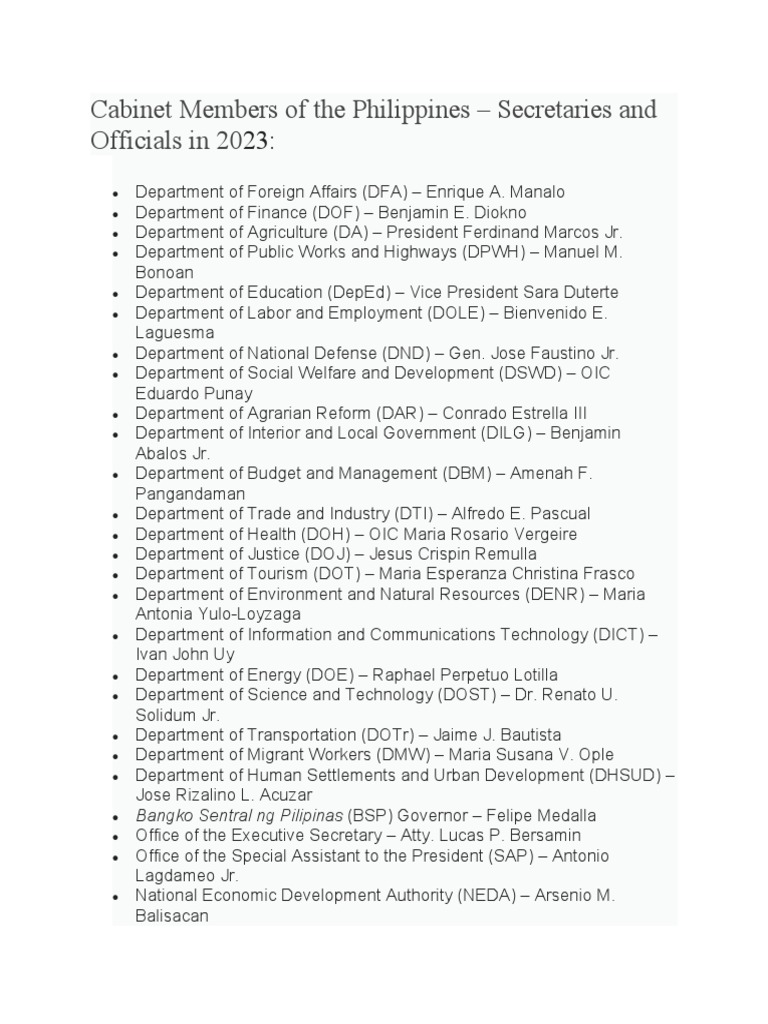 Philippine Cabinet Members 2023 | PDF | Social Science | Travel