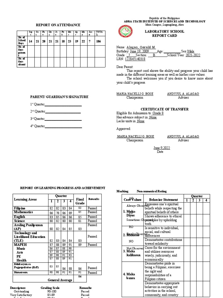 Card Grade 7B MALES | PDF | Learning | Science
