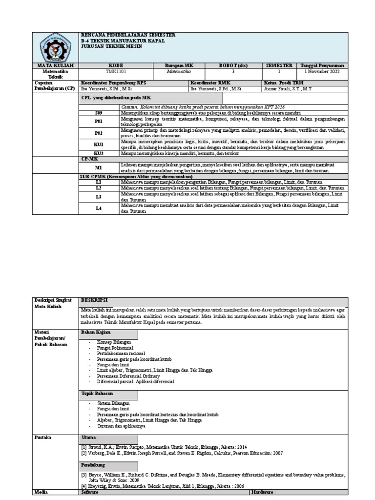 RPS - Matematika Teknik 1 | PDF