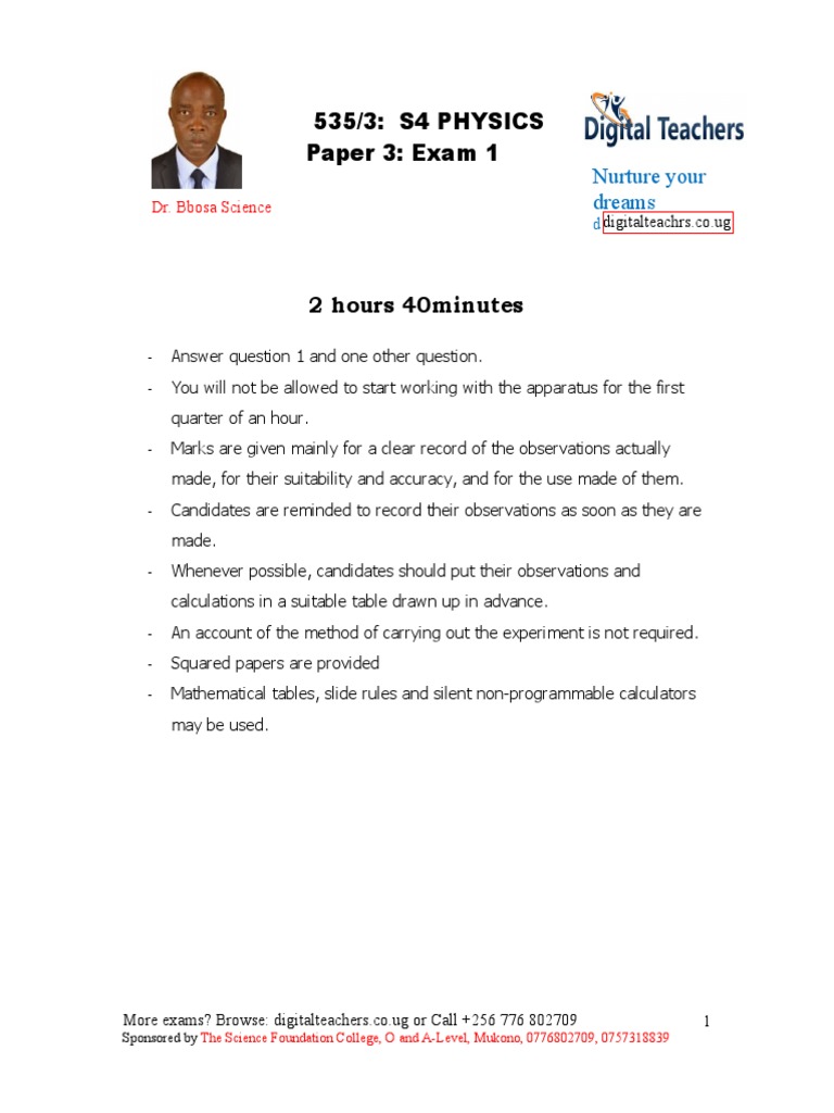 S4 Physics Paper 3 Exam Instructions | PDF | Metrology | Physical ...