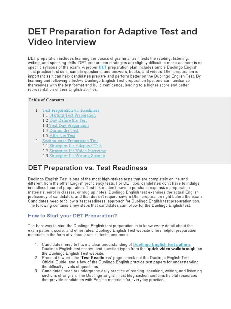 DET Preparation For Adaptive Test and Video Interview | PDF