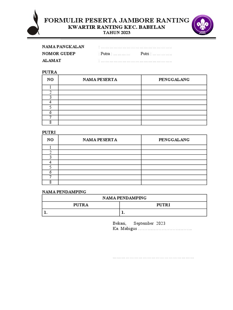 Formulir Peserta Jambore Babelan 2023 | PDF