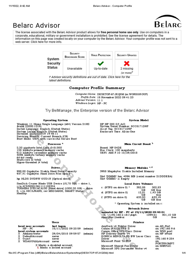 Belarc Advisor - Computer Profile - Hendro PC ( | PDF | Microsoft ...