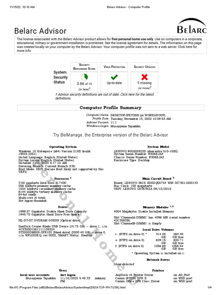 Belarc Advisor - Computer Profile - Musayanna - PC | PDF