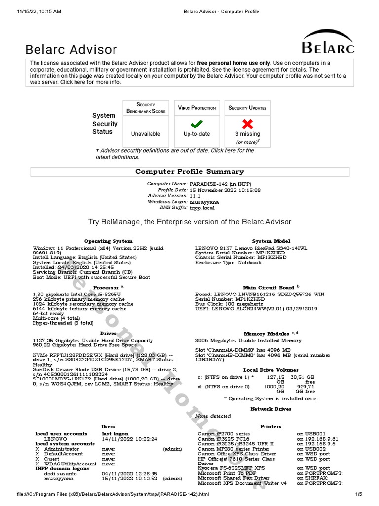 Belarc Advisor - Computer Profile - Musayanna - Laptop | PDF | Microsoft Windows | Computer Network
