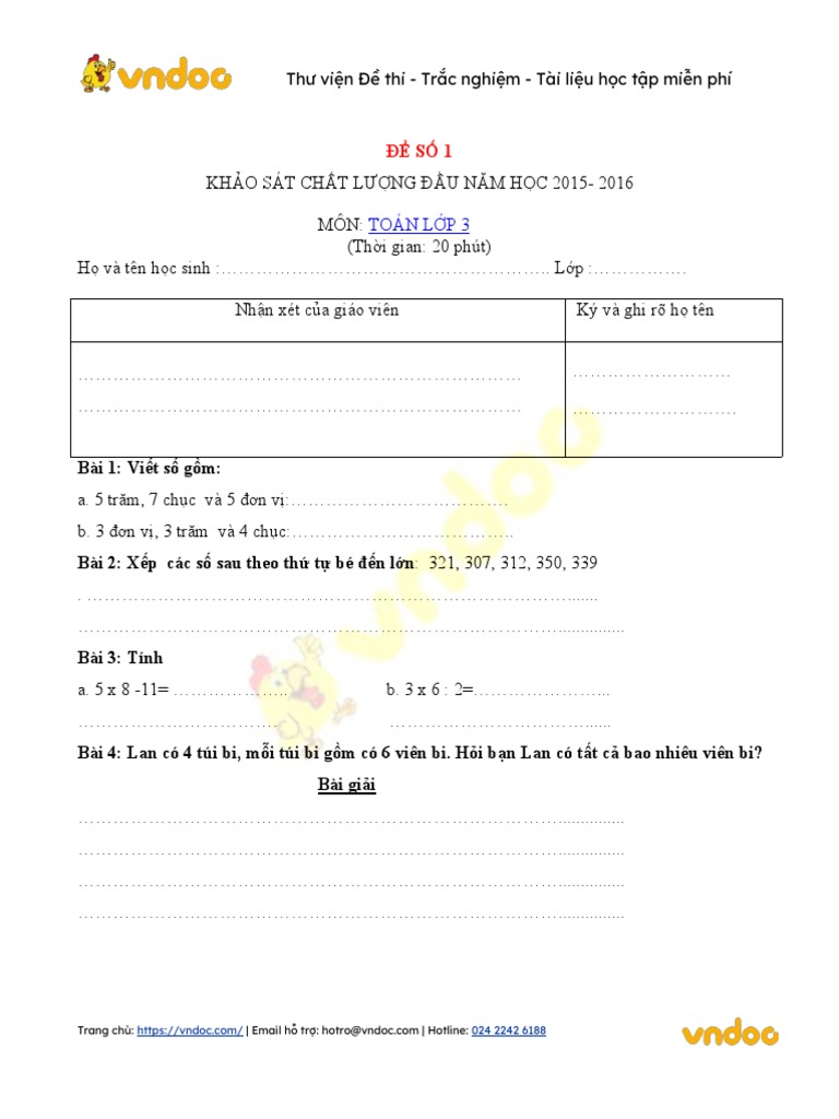 Bo de Khao Sat Chat Luong Dau Nam Mon Toan Tieng Viet Lop 3 | PDF