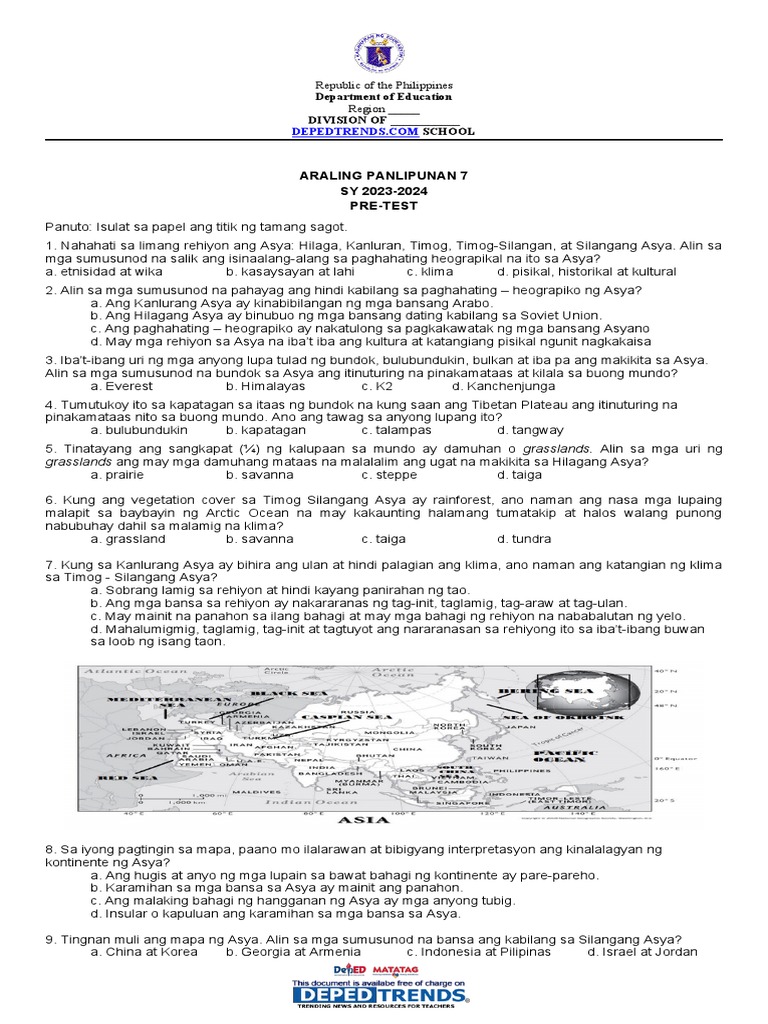 Ap 7 Pre Test Sy 2023-2024 | PDF