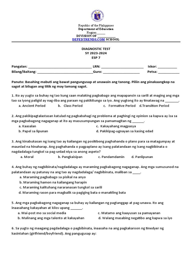 Esp 7 Pre Test Sy 2023-2024 | PDF