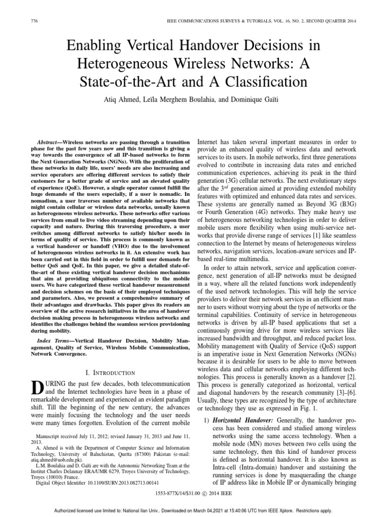 Enabling Vertical Handover Decisions in Heterogeneous Wireless Networks A State-Of-The-Art and A ...