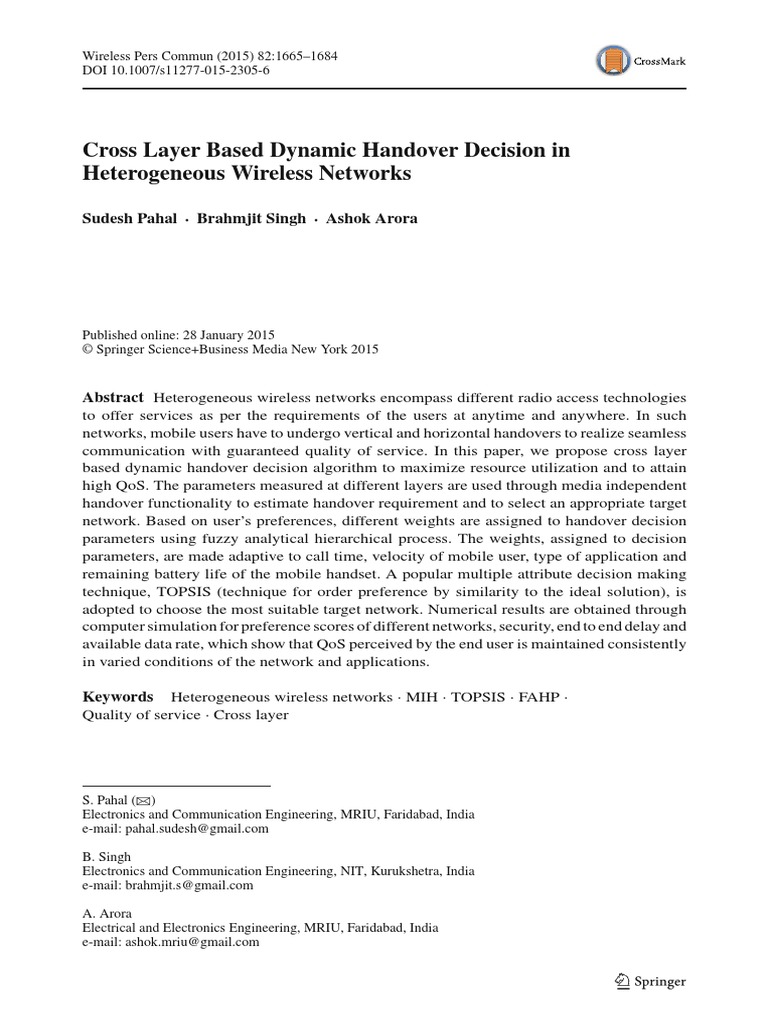 Cross Layer Based Dynamic Handover Decision In Heterogeneous Wireless