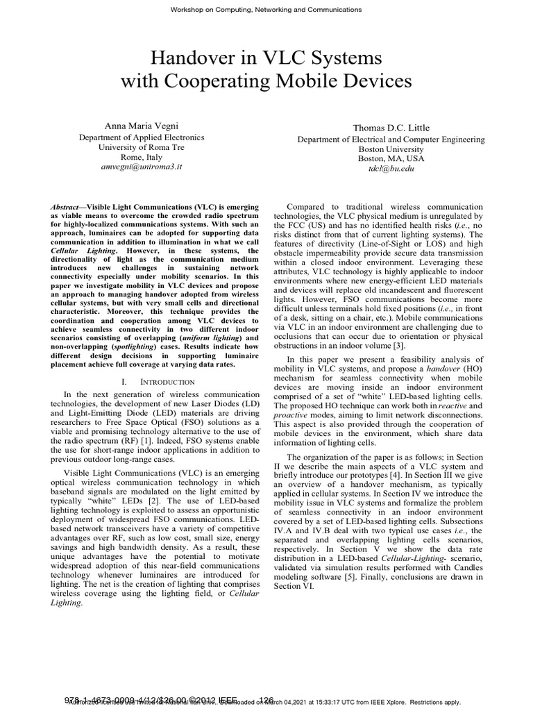 Handover in VLC Systems With Cooperating Mobile Devices | PDF