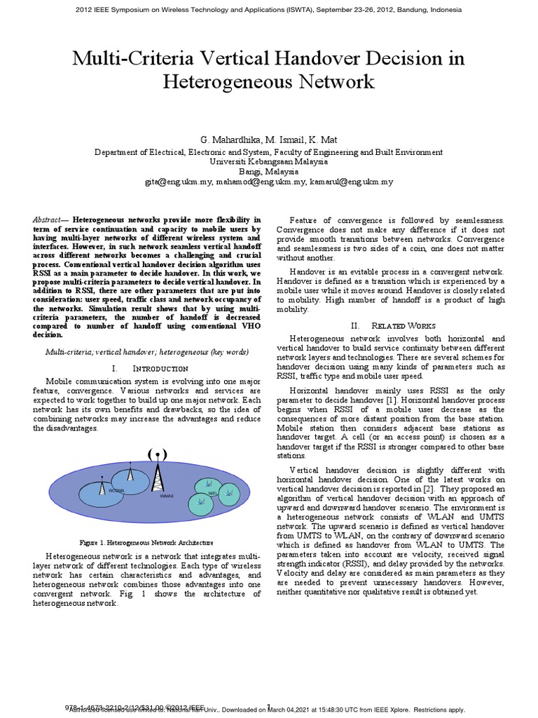 Multi-Criteria Vertical Handover Decision in Heterogeneous Network | PDF