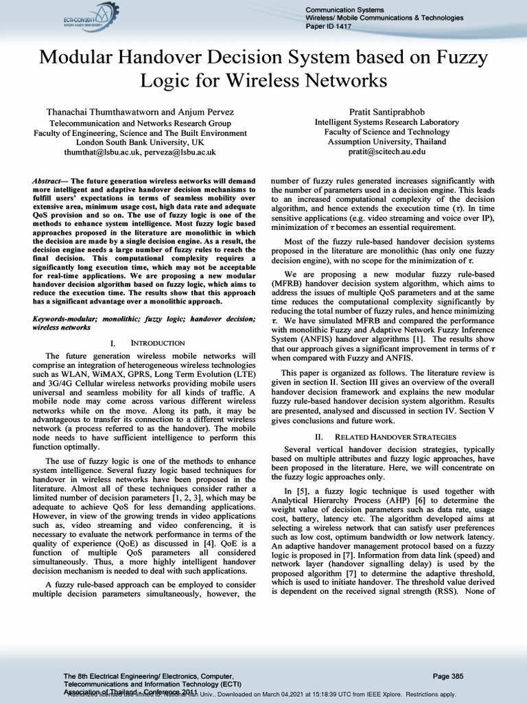 Modular Handover Decision System Based On Fuzzy Logic For Wireless Networks | PDF | Computer ...