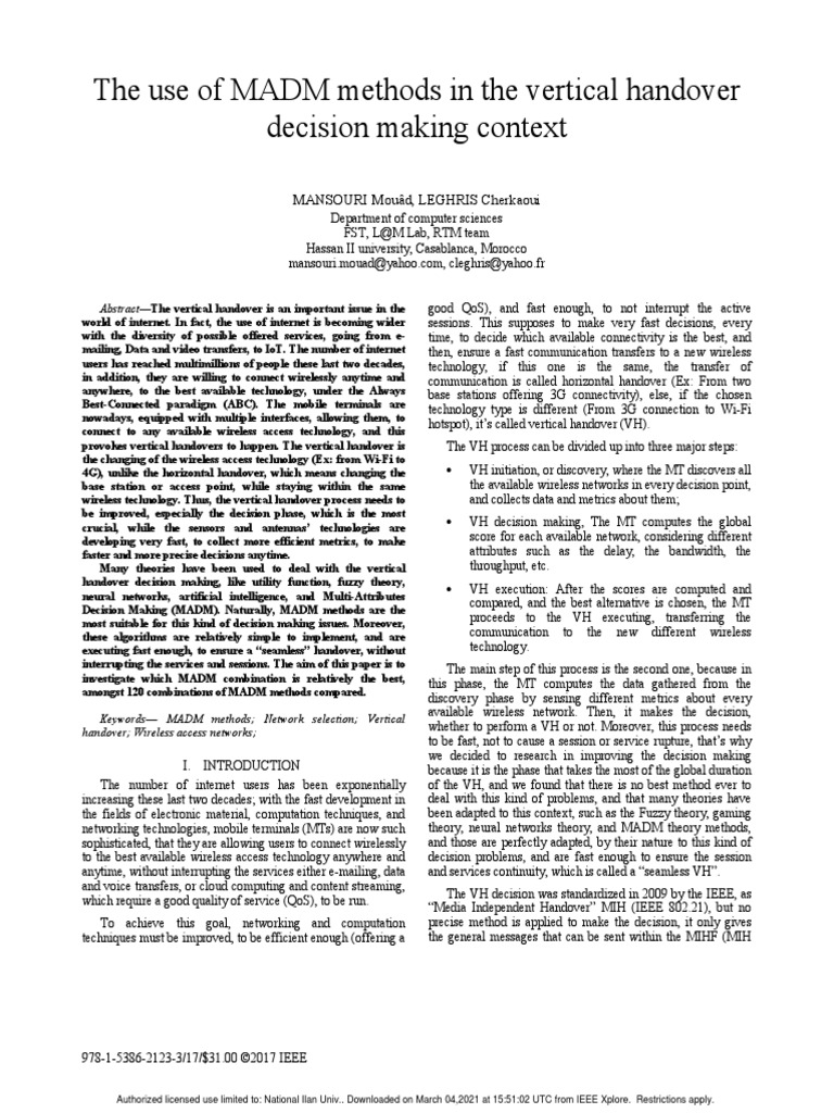 The Use of MADM Methods in The Vertical Handover Decision Making Context | PDF