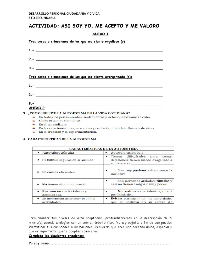 Asi Soy Yo, Me Acepto y Me Valoro 5to Secundaria | PDF | Autoestima ...