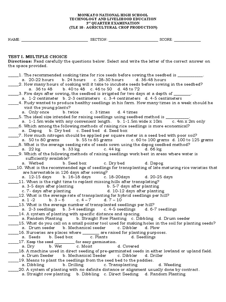 3rdQRT-EXAM FINAL AGRICROP G10 | PDF | Sowing | Fertilizer