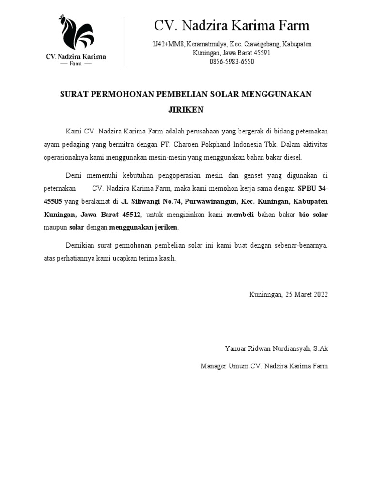 Surat Permohonan Pembelian Solar | PDF