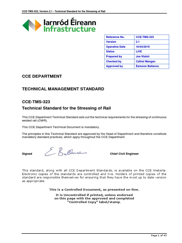 CCE-TMS-323 Technical Standard For The Stressing of Rails | PDF