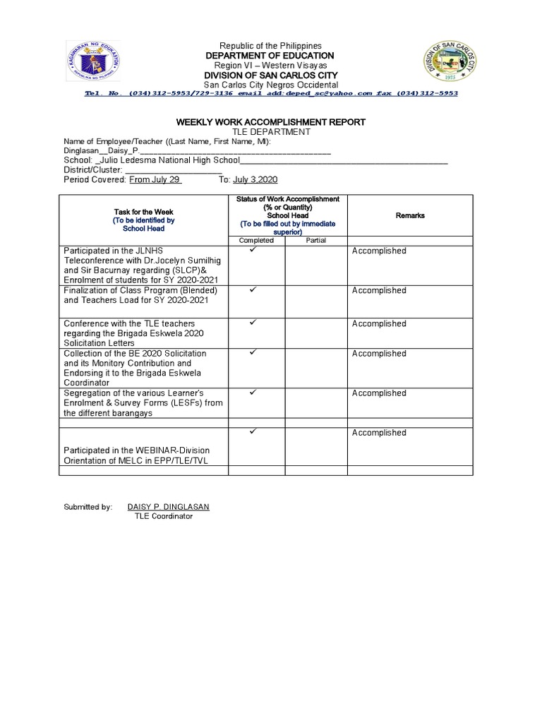 Weekly Work Accomplishment Report Template For Teachers - Docx New ...