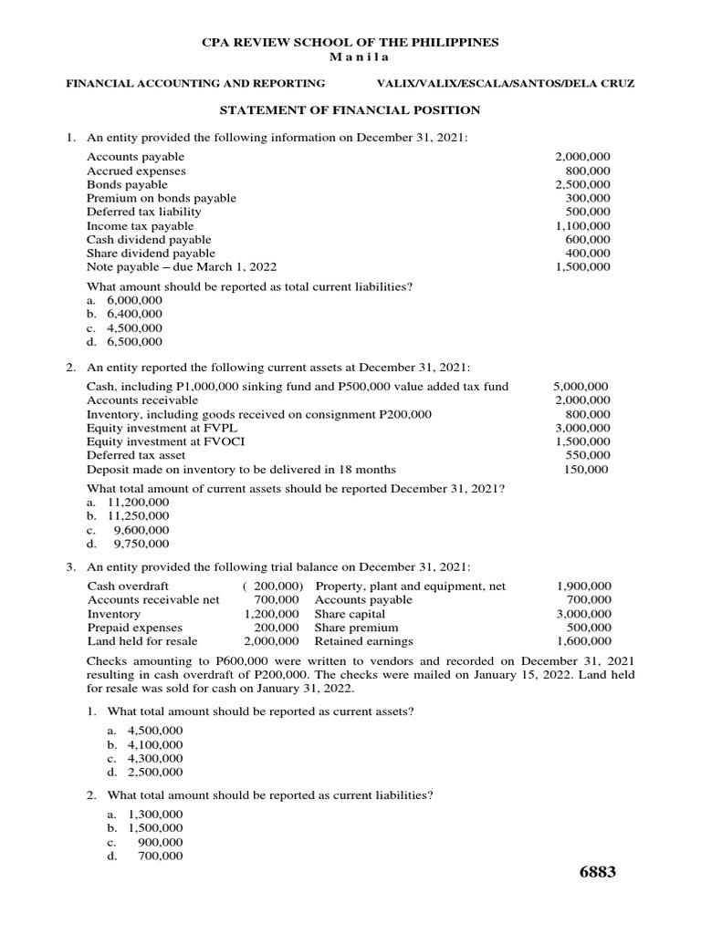 6883 - Statement of Financial Position | PDF | Balance Sheet | Equity ...