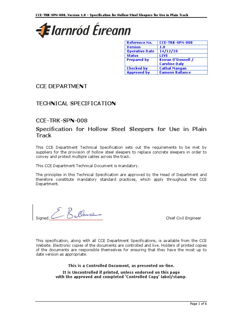 CCE-TRK-SPN-008 Specification For Hollow Steel Sleepers For Use in ...